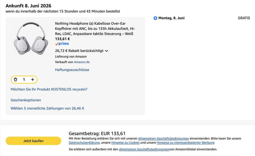 Nothing Headphone (a) – kabellose Over‑Ear mit ANC, bis zu 135h Akku ...