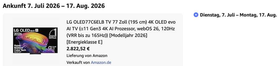 LG OLED77C6ELB 77 4K evo AI TV, α11 Gen3, webOS 26 – bei Amazon at ...